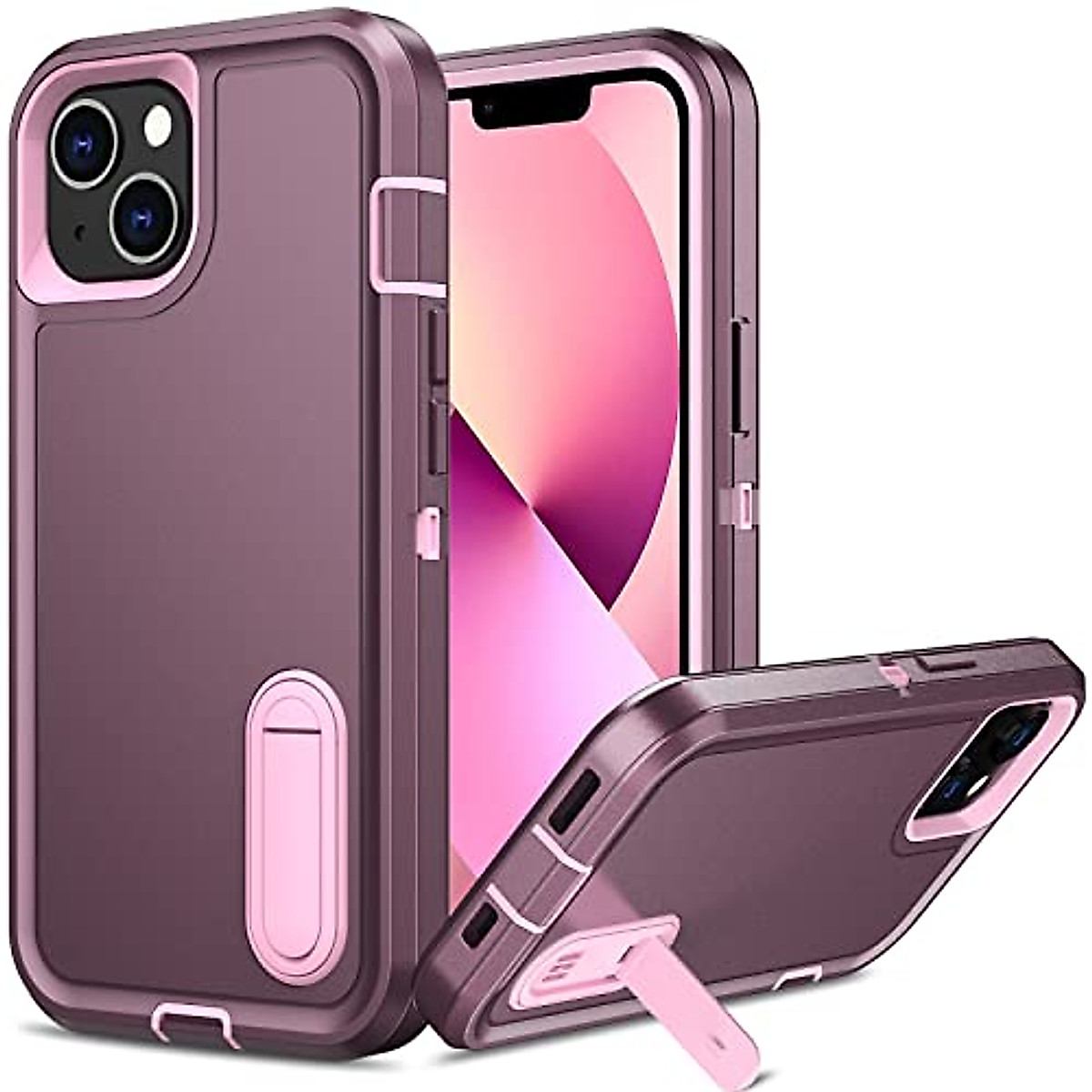 Qireoky for iPhone 13 Case,iPhone 13 Phone Case with Stand Heavy Duty Protective Anti-dust Port Cover Non-Slip Multi Layers 3 in 1 Bumper Shockproof Case for iPhone 13(Purple)