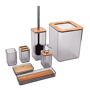 FIYO 7 Pcs Bamboo Bathroom Accessories Set, Bath Accessories Set with Soap Dish, Toothbrush Holder, Cup, Soap Dispenser, Trash Bin, Toilet Brush with Holder for Home Hotel(Grey)