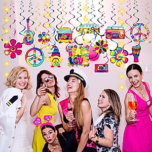 Skyygemm 56 Pcs 60s Hippie Hanging Decorations with Lights Groovy Retro Hippie Hanging Swirls Flower Peace and Love Bus Cutouts Tie Dye Ceiling Streamers for Birthday Baby Shower Supplies Favors