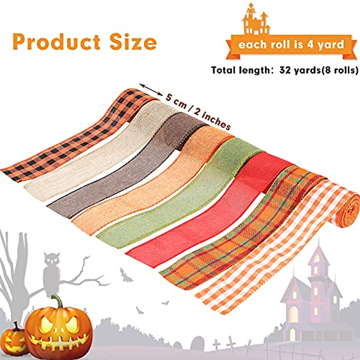 8 Rolls 32 Yards Fall Theme Ribbon Thanksgiving Wired Edge Ribbon Wrapping Ribbon Roll Autumn Decorative Ribbon for Autumn Harvest Thanksgiving Wreath Decoration (Buffalo Plaid Pattern)