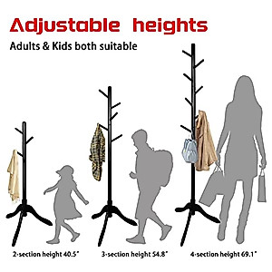 DOHANG Coat Rack, FreeStanding Sturdy Coat Tree, Wooden Hanger, Adjustable Sizes with 8 Hooks for Clothes, Hats, Umbrellas, Scarves, Purses in Hallway, Entryway, Home, Office, Black