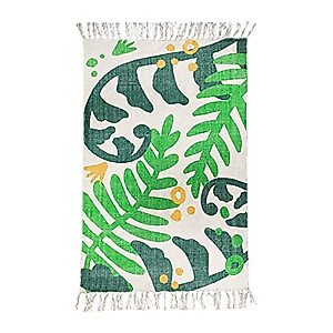 Green Philosophy Into The Fronds Handwoven Floral Leaf Cotton Area Rug 2'x3' Floor Carpet with Tassels Washable Green Accent Boho Home Decor Gift Throw Runner for Entryway Bedroom Living Room Kitchen