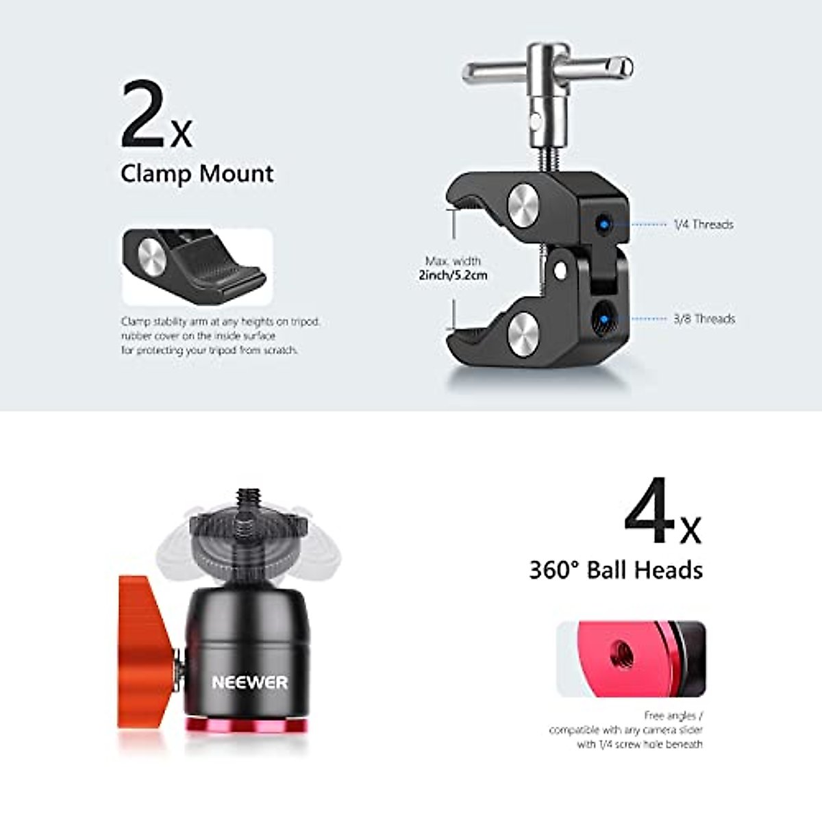 Neewer Camera Slider Support Arm Stabilizer, 2-Pack Adjustable Tripod Stability Arm for Increasing Stability in Aluminum Alloy, Extendable Poles for Camera Video Slider Rail with C Clamps and BallHead