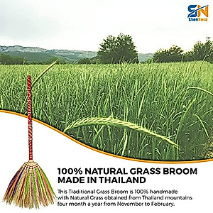 Natural Grass Broom Thai Vintage Retro Handmade Broom, Housewarming Gift, Witch Broom, Thai Broom, Broomstick, Bamboo Stick Embroidered Nylon Handle, Kong Grass Broom, Thick Broomstick, Durable Broom