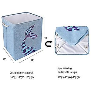WERNNSAI Mermaid Storage Bin - 16” × 13” × 18” Linen Fabric Storage Baskets Collapsible Nursery Hampers Laundry Basket Boxes Cube Girls Baby Gift Baskets Toys Clothes Shoes Home Organizer