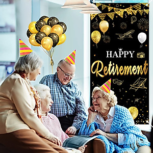 Happy Retirement Party Door Banner Decorations, Gold Black Retired Door Cover Party Supplies for Women Men, Retirement Photos Booth Backdrops Party Door Decor Sign