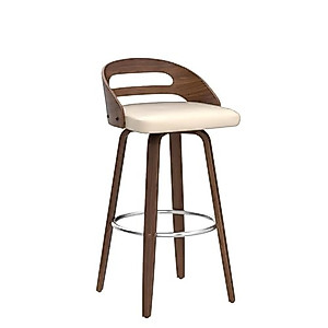 Bar Stools Set of 2, Swivel Bar Height Stools with Walnut Bentwood, Low Back, Upholstered Faux Leather, Soft Cushion Seat, Mid Century Bar Stools for Kitchen/Island/Counter (Beige, 25" Seat Height)
