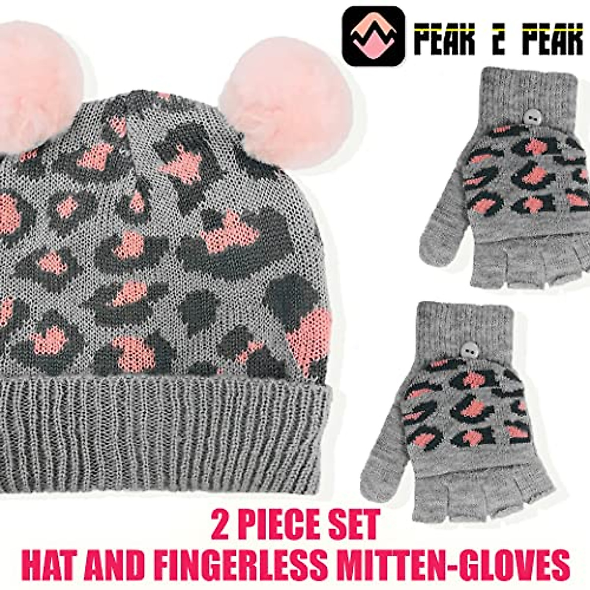 PEAK 2 PEAK Girls Hat and Fingerless Gloves Winter Set, Leapord with Plush Pink Pompoms - Age 4-12 Years