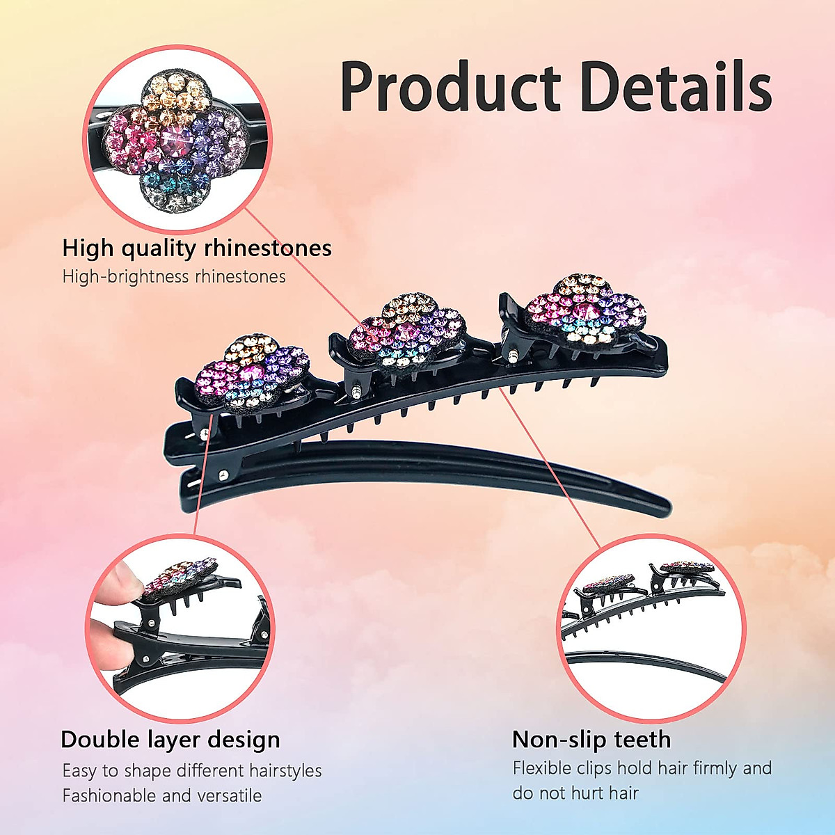 Femdela Hair Clips, 4-Pack Sparkling Crystal Stone Hair Clips for Women & Girls, Four-Leaf Clover Chopped Hairpin Duckbill Clip with 3 Small Clips for Styling Sectioning