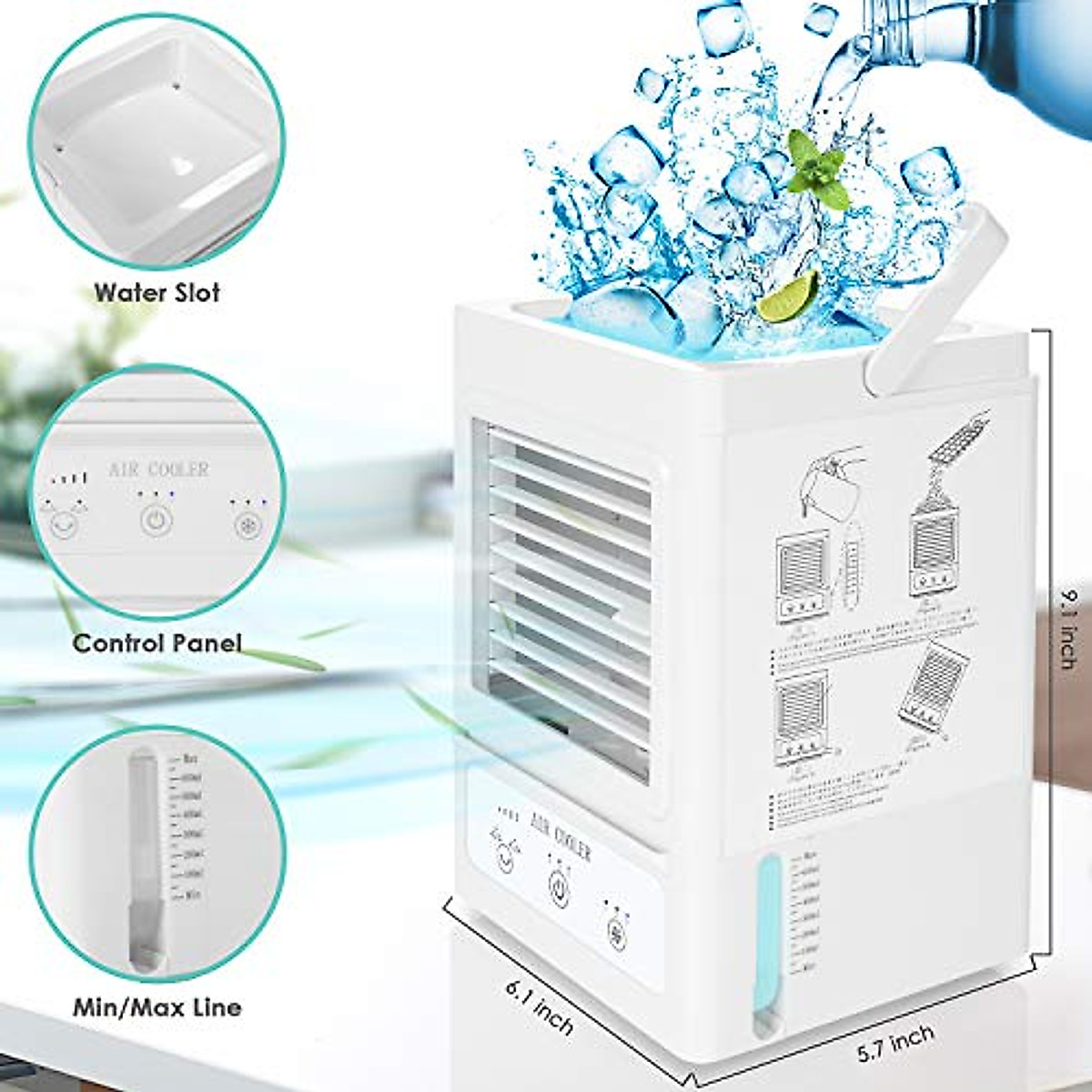 Portable Air Conditioner, 700 ML Water Tank, 5000mAh Rechargeable Battery Operated 120°Auto Oscillation Personal Mini Air Cooler with 3 Wind Speeds, 3 Cooling Levels, Perfect for Office Desk, Dorm, Bedroom and Outdoors