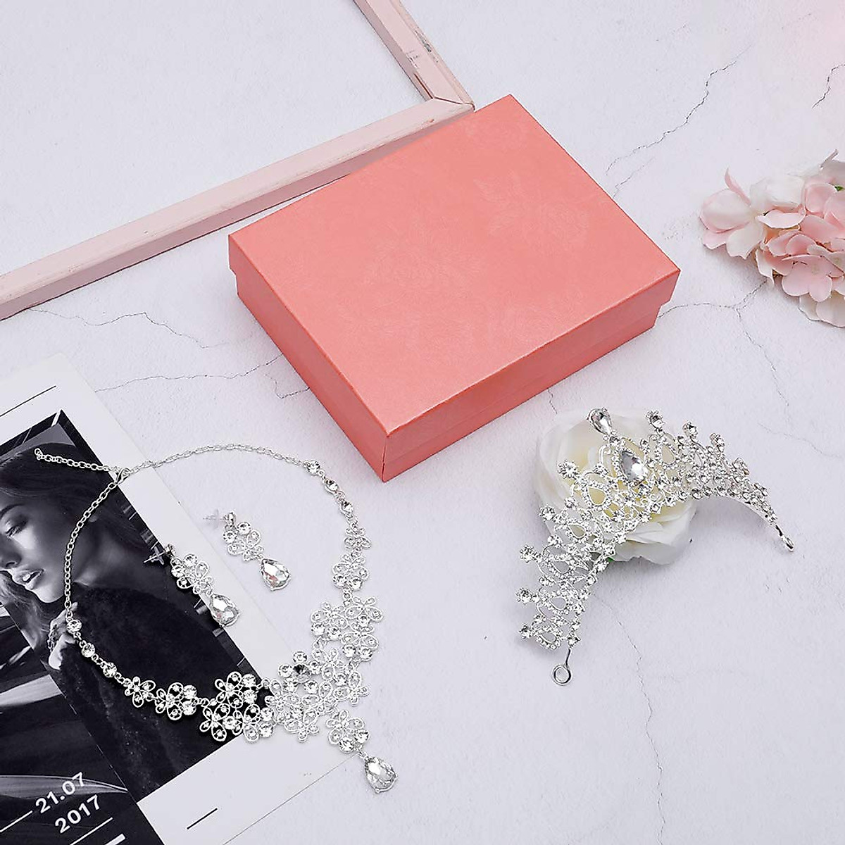 Jalisiol Bridal Wedding Jewelry Set, Luxury Crystal Rhinestone Hair Accessories Tiaras Crown Earrings Necklace Sets for Bride Wedding Prom Party Wedding Dress (Style A)