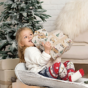 SaringSwoon Construction Christmas Wrapping Paper for Kids - Holiday Wrapping Paper with Dump Trucks, Cranes, Excavators with Santa Hats & Gifts, Christmas Tree - 40×28 Inches, 4 Folded Sheets