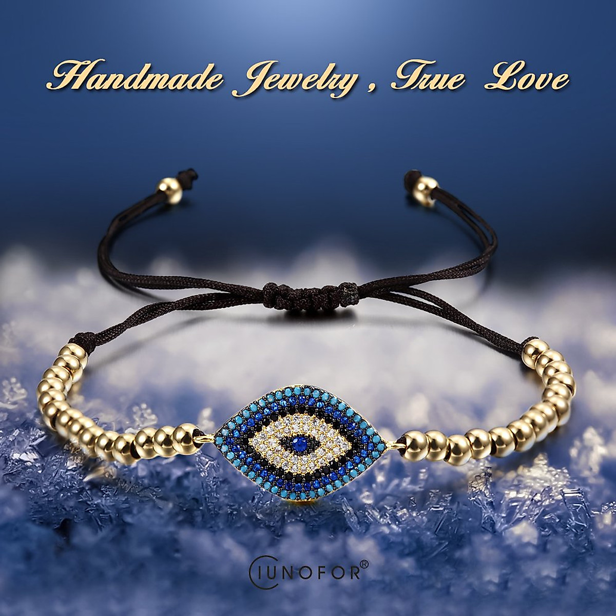 CIUNOFOR 14K Gold Filled Evil Eye Chain Bracelet, Adjustable White Bracelet for Women