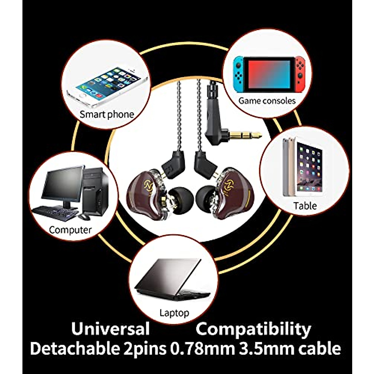 YINYOO in Ear Monitor Headphones CCZ Coffee-Bean IEM HiFi in-Ear Earbuds Earphone with 1DD, Immersive Bass Sound for Singers, Musicians, Stage, Drummers for Church Gym Running(Without mic, Black)