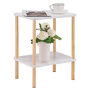 Apicizon 2 Tier End Table, Boho Side Table with Storage Shelf, Nightstand Bedside Table for Small Spaces, Bedroom, Living Room, Entryway, Farmhouse, Easy Assembly, White+Natural