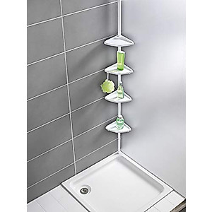 WENKO, White, Tension Pole, Caddy, Corner Shower Storage, 4 Shelves, 4 Hooks, Dimensions 10.2 x 30.7-108.3 x 7.7 108.3 x 7.7 inch