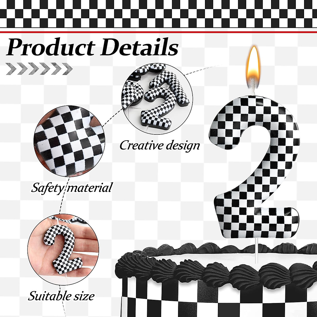 Racing Cars Themed Birthday Candle Number 2 Checkered Candle Birthday Party Decoration Cake Topper for Racing Car Party Decoration Theme Party Supplies (Number 2)