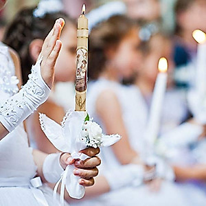 First Holy Communion Gifts for Girls, Hand Decorated Taper Candle with Image of Jesus Little Girl and Angels, Keepsake Gift Sacrament Celebration 9.75 Inches