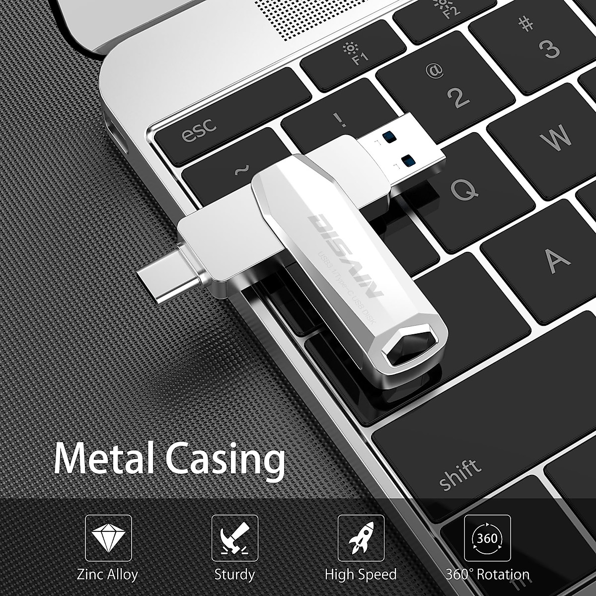 USB C Flash Drive DISAIN 32GB 2 in 1 OTG USB 3.1 to USB C Memory Stick Metal USB C Thumb Drive Compatible with MacBook Pro Air, Type C Smartphones, Tablets