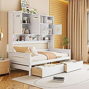 Merax Twin Size Wooden Daybed with 2 Drawers & Bookcase Headboard, and All-in-One Storage Cabinet and Shelf, White