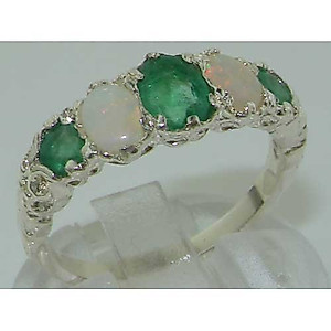 LetsBuyGold 925 Sterling Silver Natural Emerald and Opal Womens Promise Ring - Size 5.5