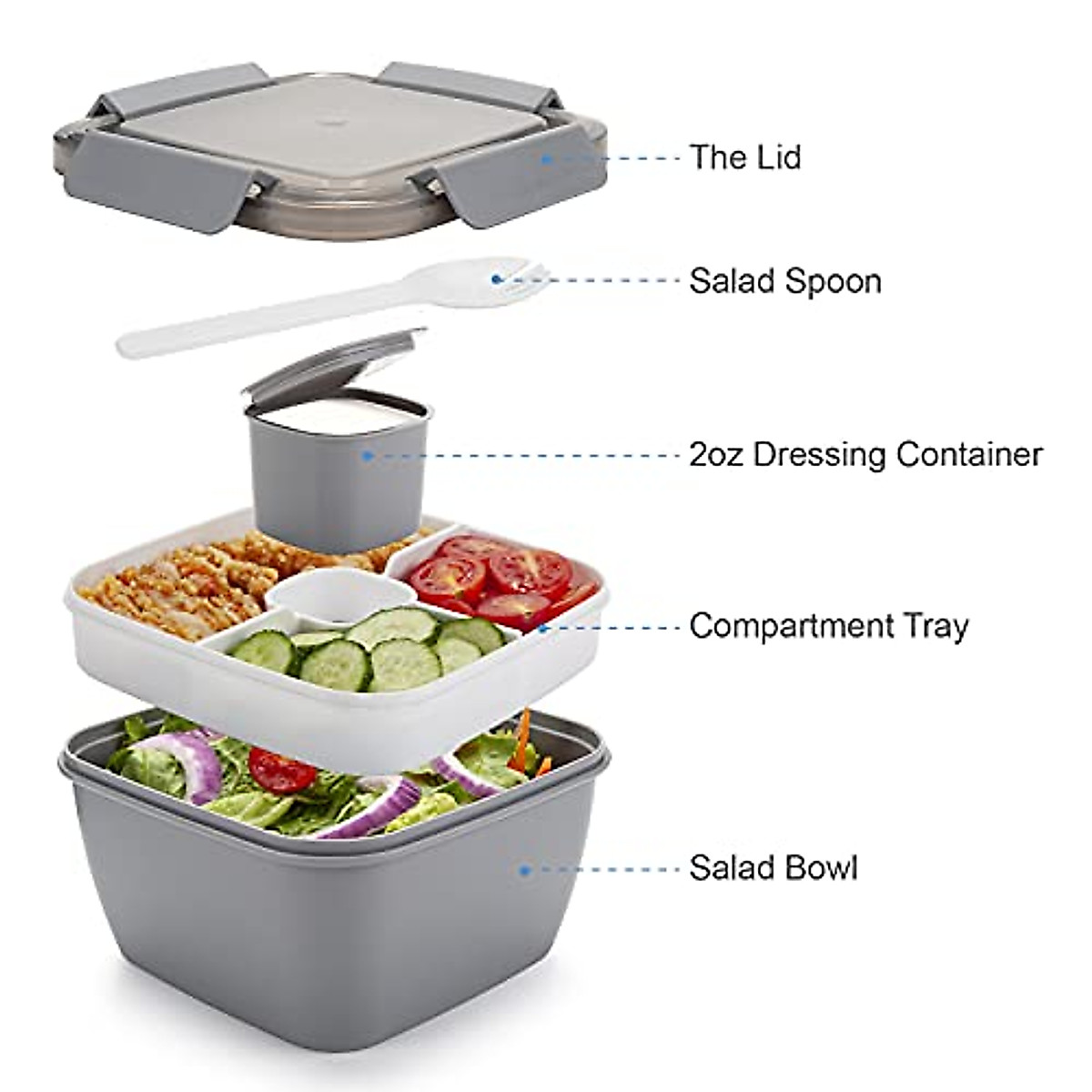 Freshmage Salad Lunch Container To Go, 52-oz Salad Bowls with 3 Compartments, Salad Dressings Container for Salad Toppings, Snacks, Men, Women (Grey)