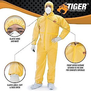 Tiger Tough Chemical Protection Coveralls for Men - Hazmat Suits with Hood & Zipper – Durable Yellow Chemical Suit for Industrial Use, Large