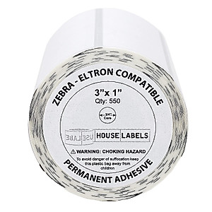 HOUSELABELS 3" x 1" Multipurpose Labels on 0.75" Core Compatible with Zebra and Rollo Printers, 1 Roll / 550 Labels per Roll