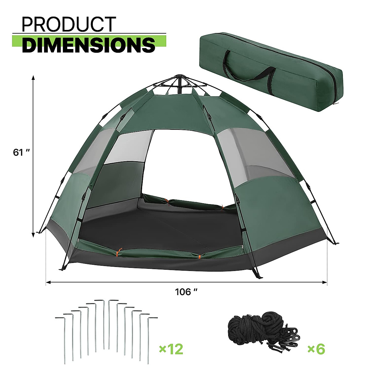 Magshion Camping Lightweight Instant Tent 2 Person Durable Pop Up Indoor Tent Portable Outdoor Backyard Green Tent for Hiking Backpacking, Easy Setup