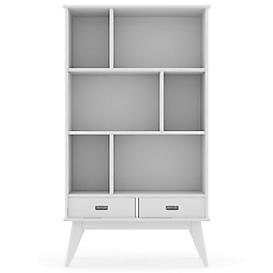 SIMPLIHOME Draper SOLID HARDWOOD 35 Inch Mid Century Modern Wide Bookcase and Storage Unit in White, For the Living Room, Study Room and Office