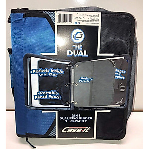 Case-it The Dual 2-in-1 Zipper - Two 1.5 Inch D-Rings - Includes Pencil Pouch - Multiple Pockets - 600 Sheet Capacity - Comes with Shoulder Strap -Dual-121-A-Blue