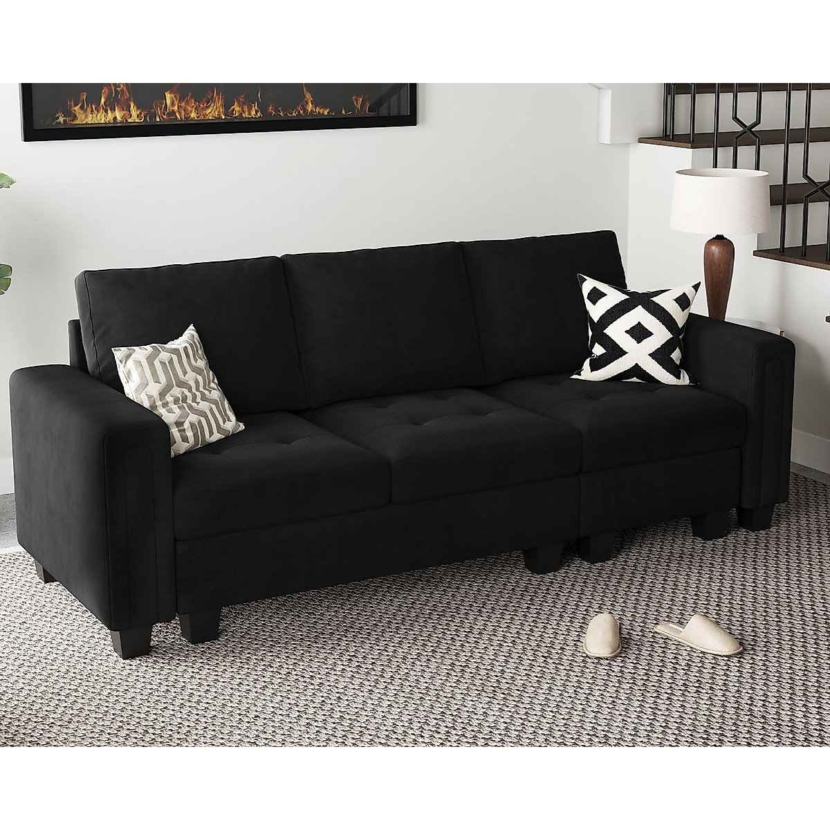 Belffin Velvet Modular Sofa Couch 3 Seater Sofa Couch for Living Room Black