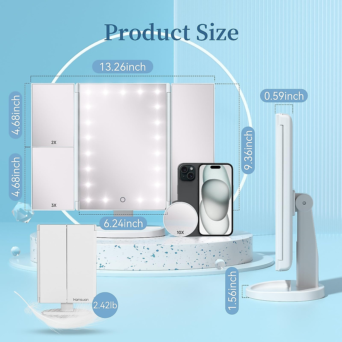 HAMSWAN Makeup Mirror Vanity Mirror with Lights, Lighted Makeup Mirror with 1X 2X 3X 10X Magnifying, Touch Control Design, Dual Power Supply, Portable LED Makeup Mirror, Women Gift (White+10X)
