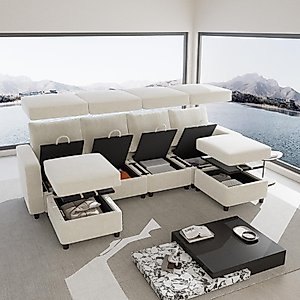 VINGLI 108" U-Shaped Storage Modular Sectional Sofa Sleeper in USB Built-in Charger, Convertible Couch Bed with High-Resilience Foam, 4 Deep Seaters Module/2 Ottomans(Chaises),Chenille/Cream White