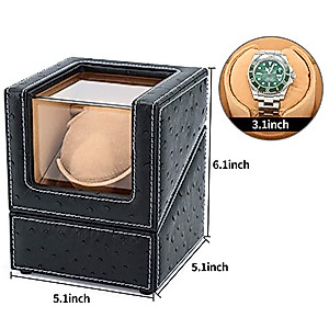DRIKLUX Automatic Single Watch Winder for Rolex and Other Luxury Watches - Automatic Winder with Quiet Motor, Premium Black Ostrich Leather Exterior and Soft Flexible Watch Pillows of Camel Velvet
