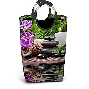 Wondertify Zen Basalt Stones Orchid Laundry Hamper Bamboo Black Pebble Rock Clothes Basket With Easy Carry Handles For Clothes Organizer Toys Storage