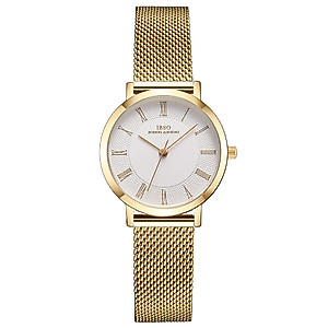 IBSO Women Stainless Steel Band Watches Ladies Quartz Wristwatches Waterproof Mesh Bracelet Watch Relogio Feminino (3636 Gold)