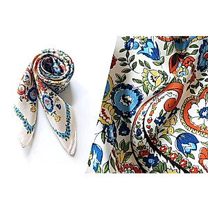 MEISEE Pure Natural Mulberry Silk Scarfs Women Small Square Scarf 21" x 21" Breathable Lightweight Neckerchief Printed Headscarf (White flower-10)