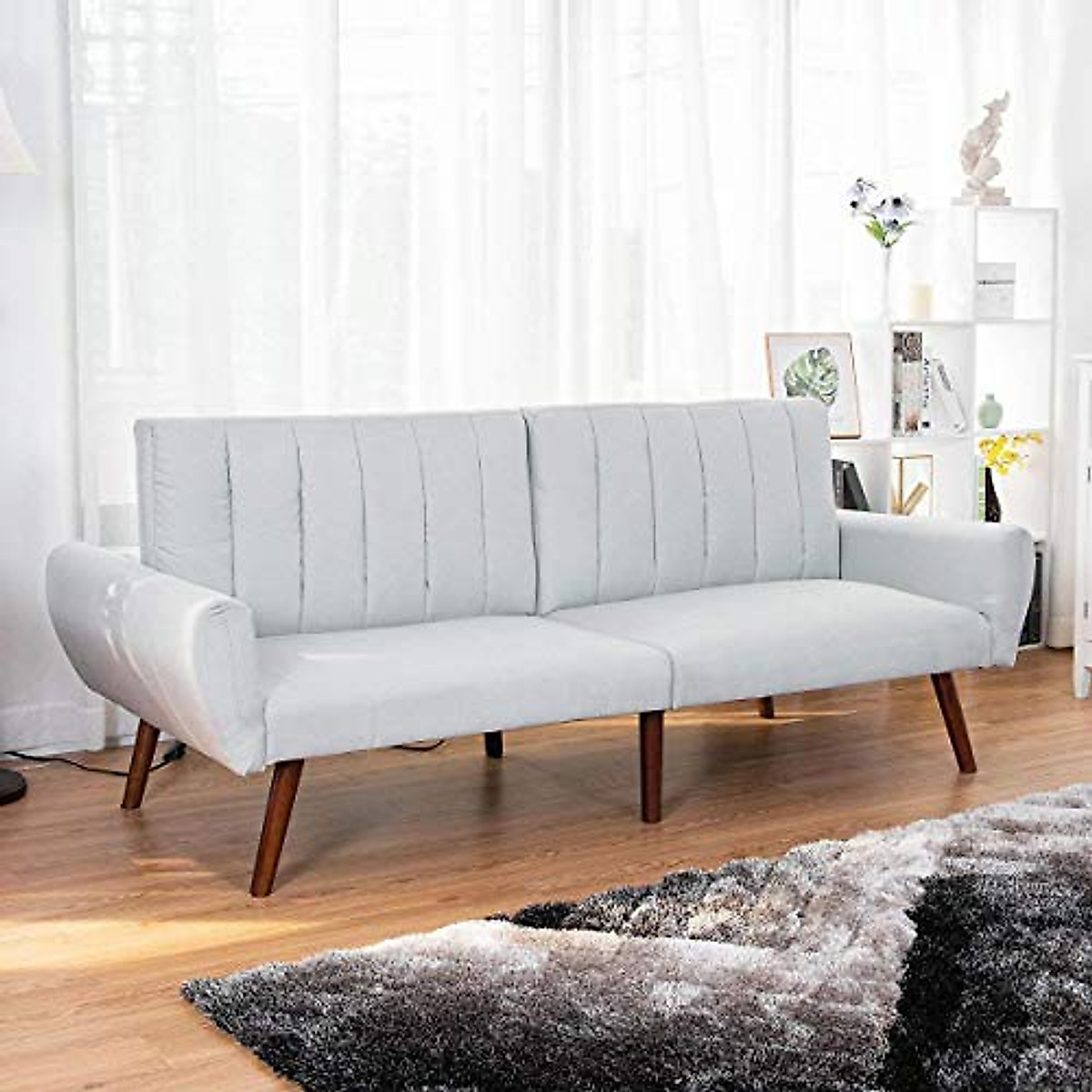 Giantex Futon Sofa Bed Folding Couch Convertible Mattress Premium Linen Upholstery and Wooden Legs (Gray)