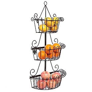MyGift Wall Mounted Black Metal Fruit Basket, 3 Tier Hanging Shelf Produce and Vegetable Storage Rack with Scrollwork Design