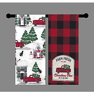 St. Nicholas Square Kitchen Hand Towels, Set of 2, Farm Fresh Christmas Trees Appliqued Embroidery Red Truck, Red and Black Buffalo Plaid Flat Cotton Dishtowels for Home Decorating