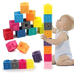 OWNONE 1 Baby Soft Blocks, 16PCS Stacking Building Blocks for Toddlers 1-3, Teething & Sensory Toys for Babies Infant 6 9 10 12 18 Months, Learning Developmental Toys for Boys & Girls 1 2 3 Years Old