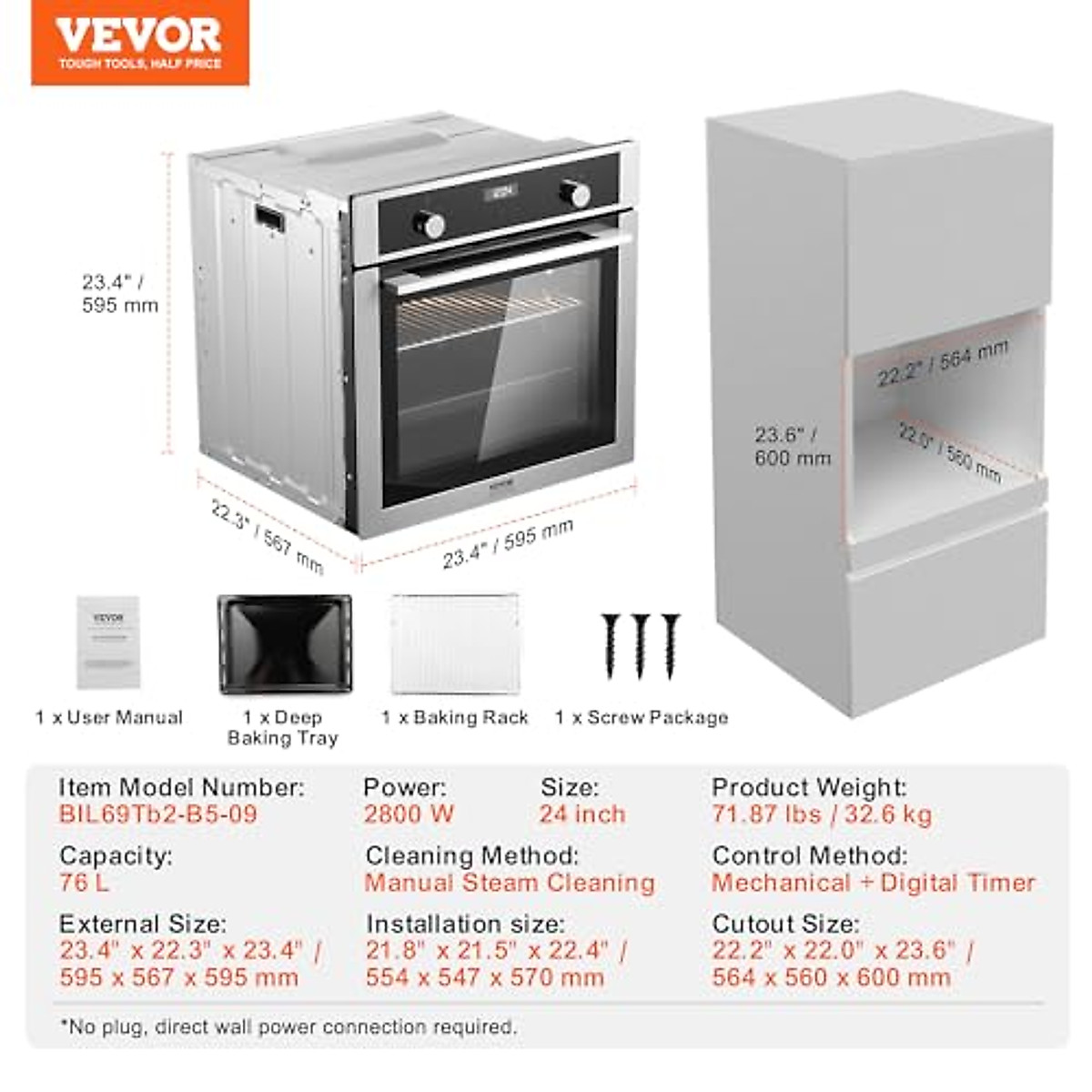 VEVOR Wall Oven, 24 inch Electric Built-in Wall Oven with 9 Cooking Functions, 2.68 Cu.Ft Convection Wall Oven with Digital Timer, Electric Single Wall Oven with Baking Rack and Tray, for Kitchen