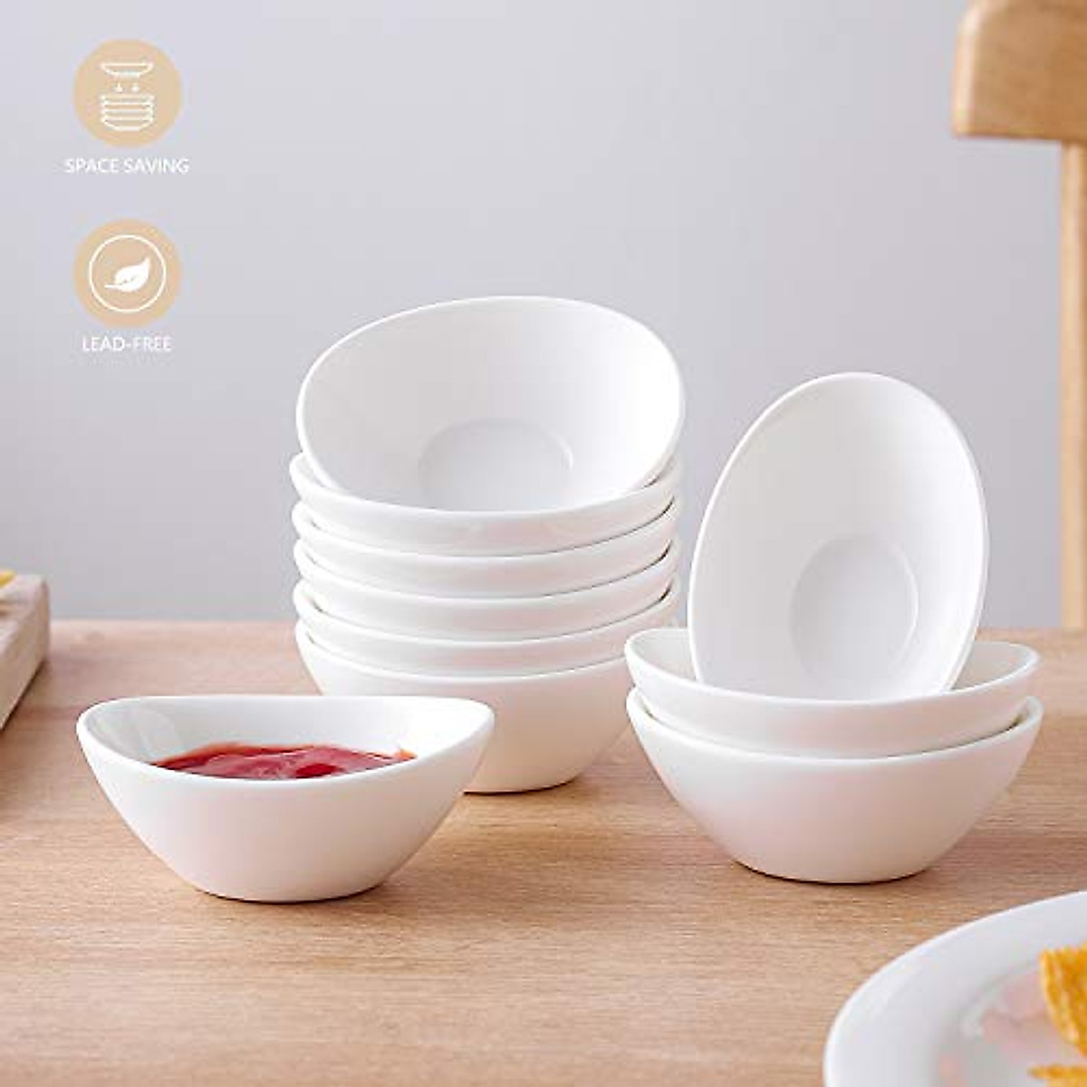 OMAYKEY Sauce Dish Set of 10, 2.5 oz Porcelain Dipping Bowls Set, White Dipping Sauce Dishes for Soy Sauce, Ketchup, Condiment, BBQ Sauce or Seasoning, Honey Mustard