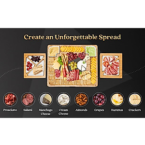 Bamboo Charcuterie Board Set of 26 Pcs - 16×13×2 Inches 4 Drawer Bamboo Board Set with Fruit Tray, Ceramic Dipping Bowls, Cutting Tools, Wine Opener, Cheese Platter Accessories (End-Grain)