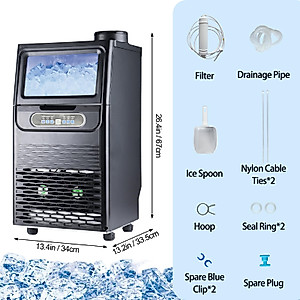 Commercial Ice Maker Machine, 88lbs/24H Counter Ice Maker with 11LBS Storage Bin, 32 Ice Trays, 10min Quick Ice Dispensing, Freestanding Ice Maker includes Scoop for Home Office Restaurant Bar