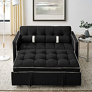 JEEOHEY Sleeper Sofa Couch w/Pull Out Bed, 55.5" New Upgraded Tufted Velvet Convertible Sleeper Sofa Bed, Small Love seat Sofa Bed w/ 2 Pillows for Small Space, Living Room, Apartment, Black