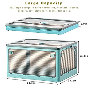 KISYONGUS 2 Pack 15Gal Large Capacity Storage Bins with Lids, Five-Door Stackable Storage box with wheels, Plastic Foldable Storage Boxes for Closet Storage Organization, 55L