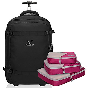 Hynes Eagle 42L Rolling Backpack Wheeled Backpack Flight Approved Travel Backpack Carry on Luggage Black with 3PCS Packing Cubes Set Red Violet