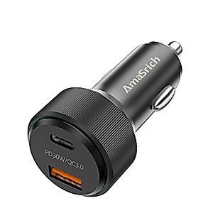 Car Charger USB-C 48W, Amasrich Cigarette Lighter USB Charger, Fast Charge Adapter with Type-C, PD&QC3.0 Dual Port for iPhone/Samsung/Pixel/Android/iPad/Cell Phone